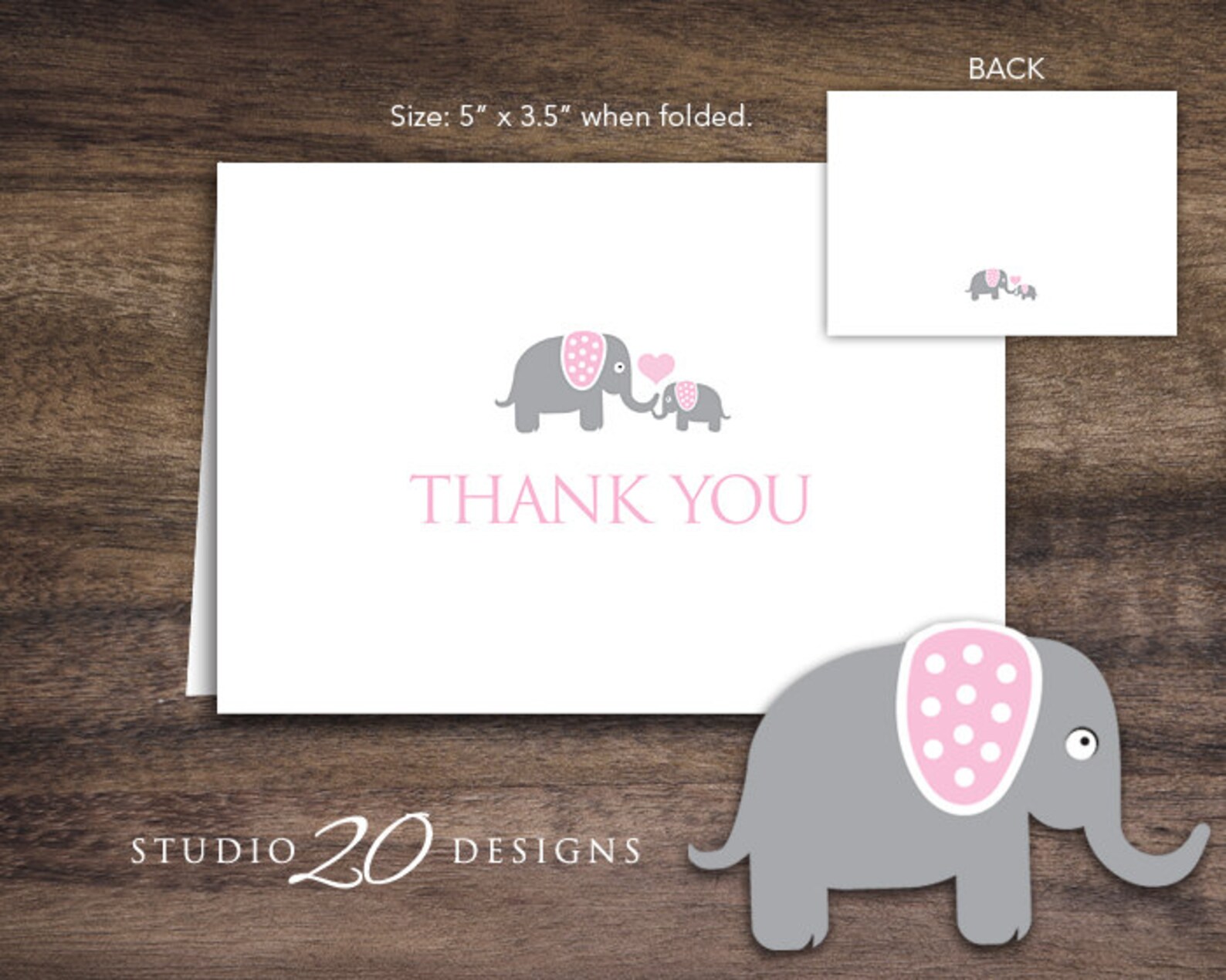 Instant Download Pink Elephant Thank You Card, Folded Elephant Baby ...