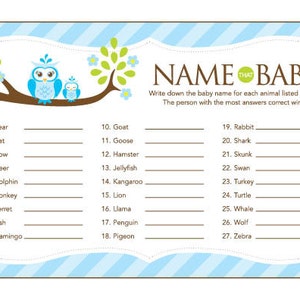 Instant Download Blue Owl Name That Baby Game, Blue Owl Baby Shower ...