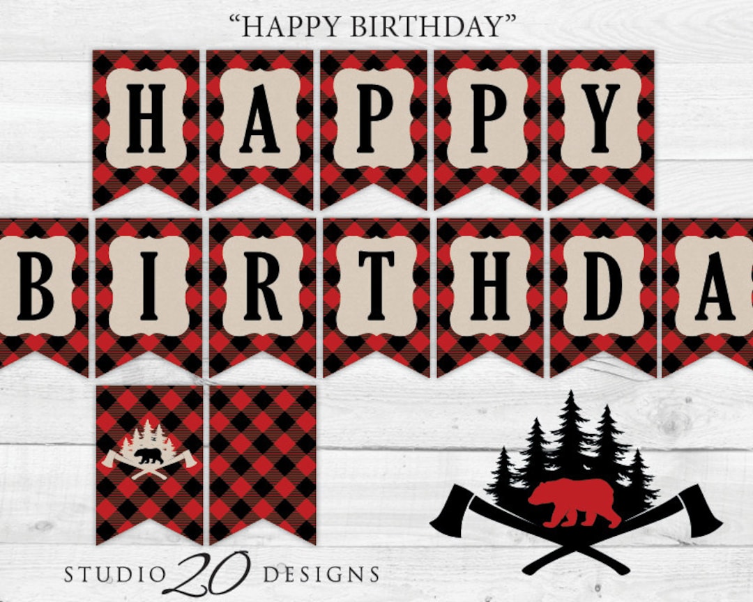 Instant Download Buffalo Plaid Happy Birthday Banner, Black Red ...