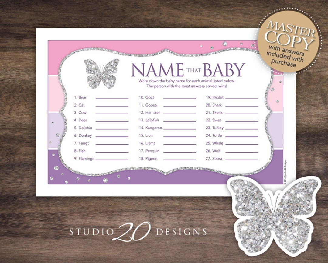 Instant Download Pink Purple Butterfly Name That Baby Game, Pink Silver ...