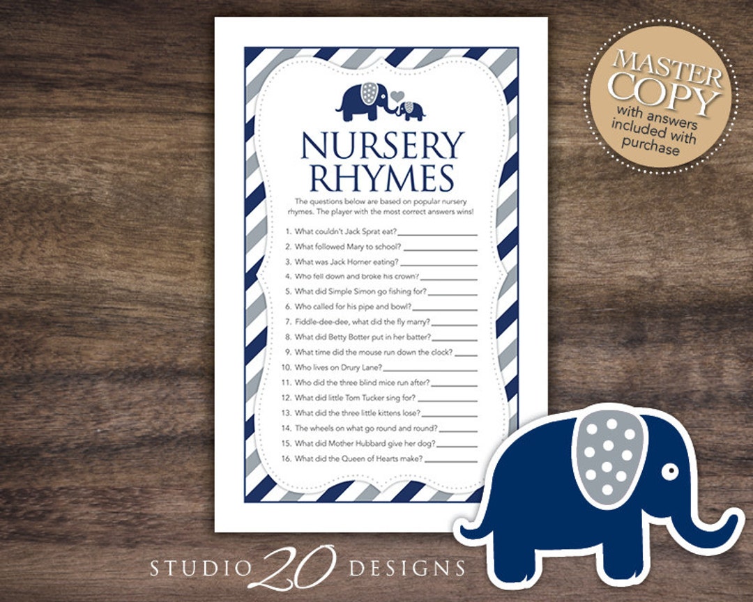 Instant Download Navy Blue Elephant Nursery Rhyme Quiz, Navy Grey ...