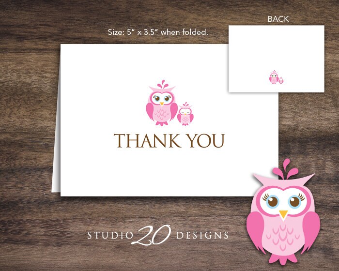Instant Download Pink Owl Thank You Card Folded Pink Brown | Etsy