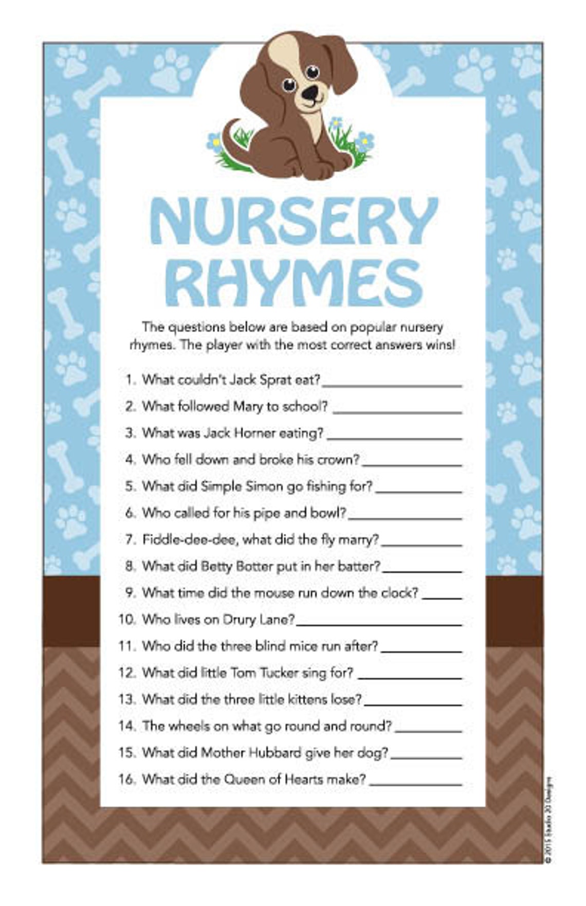 Instant Download Puppy Nursery Rhyme Quiz Blue Brown Puppy | Etsy