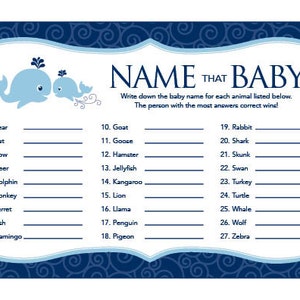 Instant Download Whale Baby Shower Name That Baby Game, Printable ...
