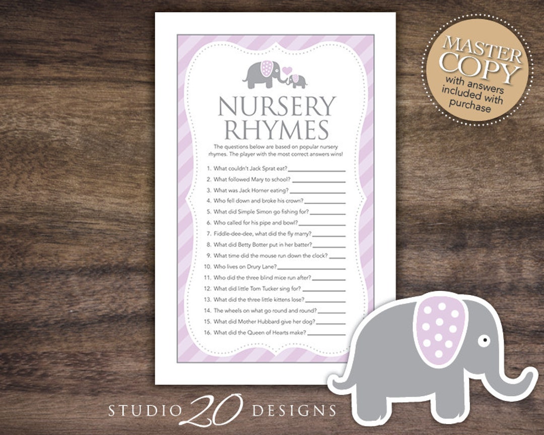 Instant Download Lilac Elephant Nursery Rhyme Quiz, Purple Grey Nursery ...