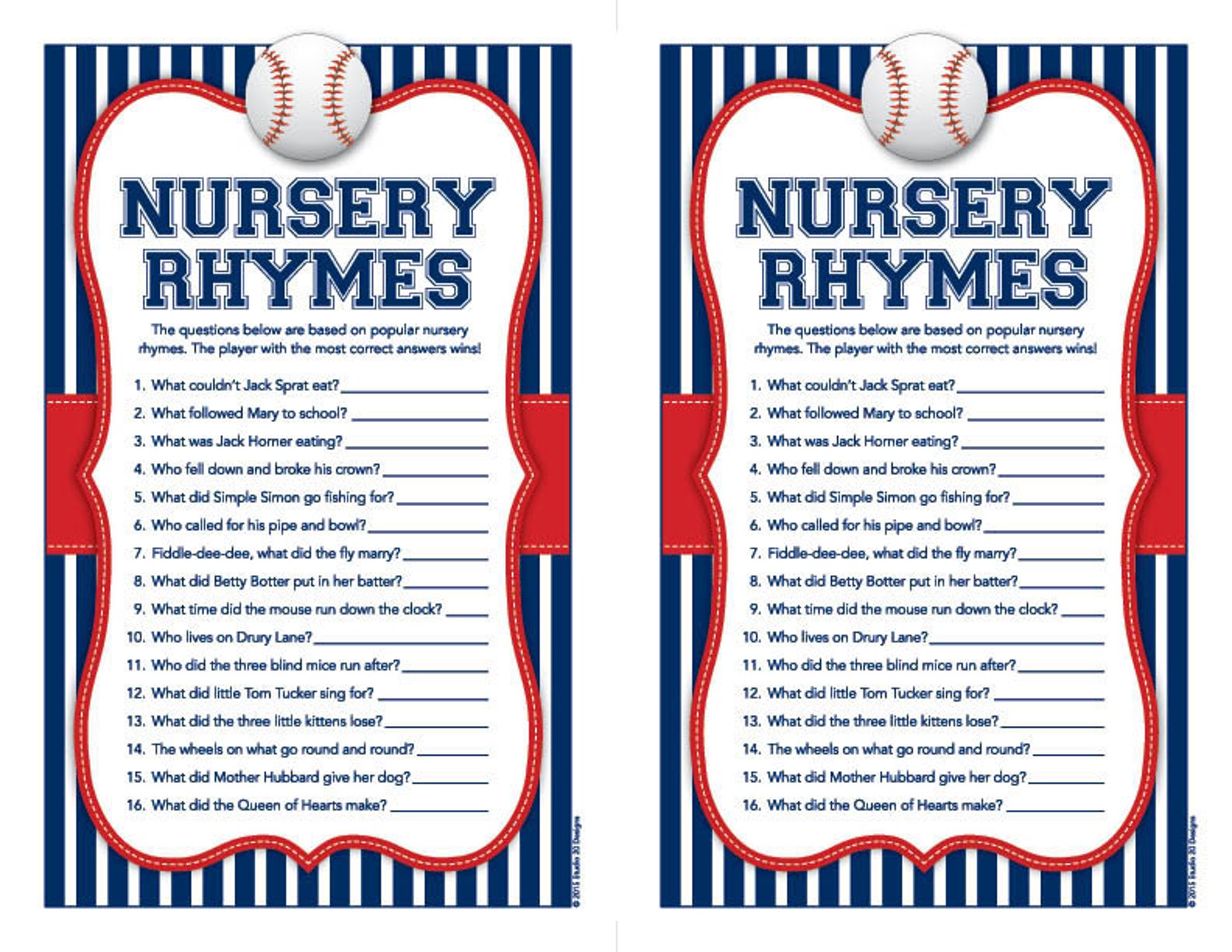 Instant Download Baseball Nursery Rhyme Quiz Printable Blue | Etsy