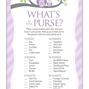 Instant Download Lilac Owl What's in Your Purse Baby Shower Game ...