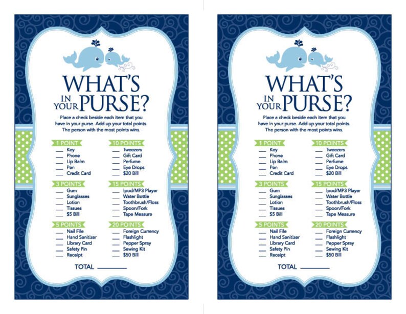 Instant Download Whale What's in Your Purse Game Blue | Etsy