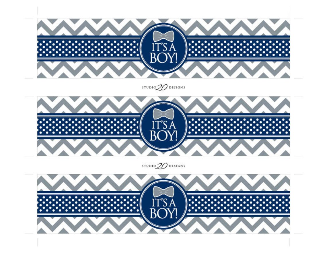 Instant Download Bow Tie Water Bottle Labels Grey Navy | Etsy