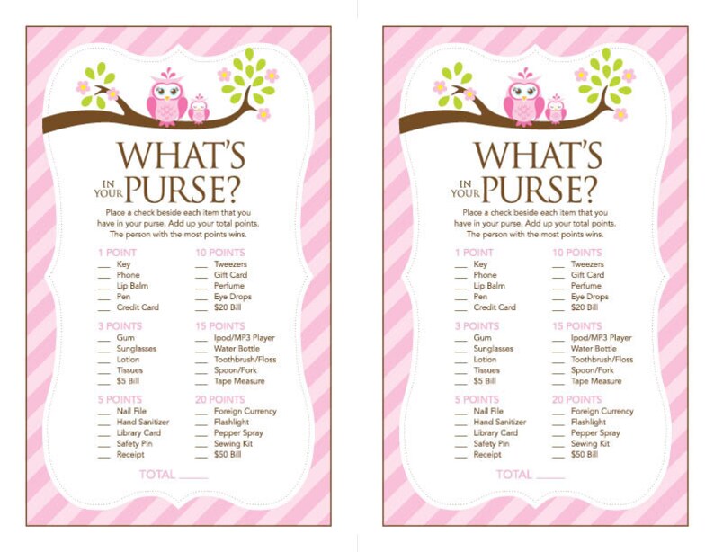 Instant Download Pink Owl What's in Your Purse Baby Shower | Etsy