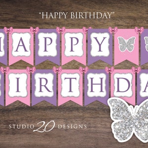 Instant Download Pink Purple Butterfly Happy Birthday Banner, Printable ...