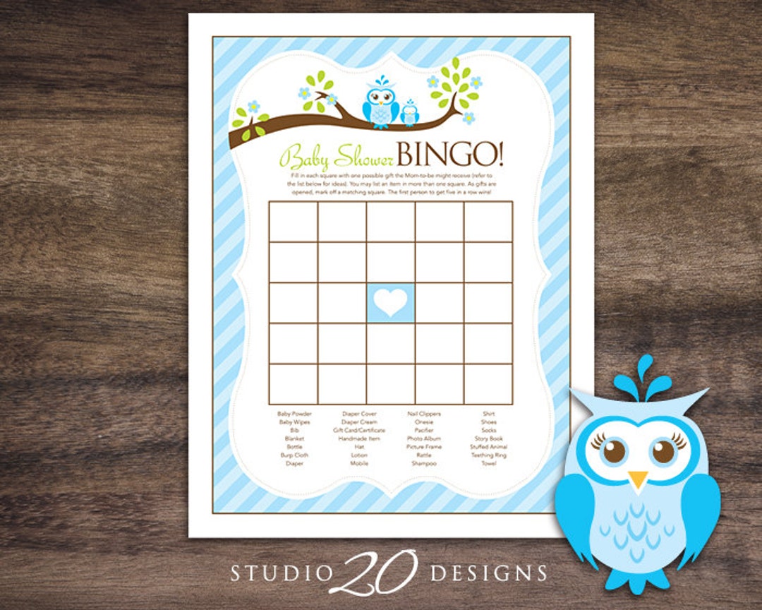 Instant Download Blue Owl Baby Bingo Game, Blue Brown Owl Baby Shower ...
