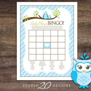 Instant Download Blue Owl Baby Bingo Game, Blue Brown Owl Baby Shower ...