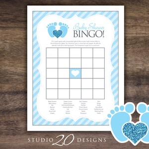 Instant Download Footprint Baby Shower Bingo Game, Grey Blue Glitter ...