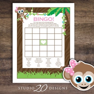 Instant Download Pink Monkey Bingo Game, Printable Monkey Baby Shower ...