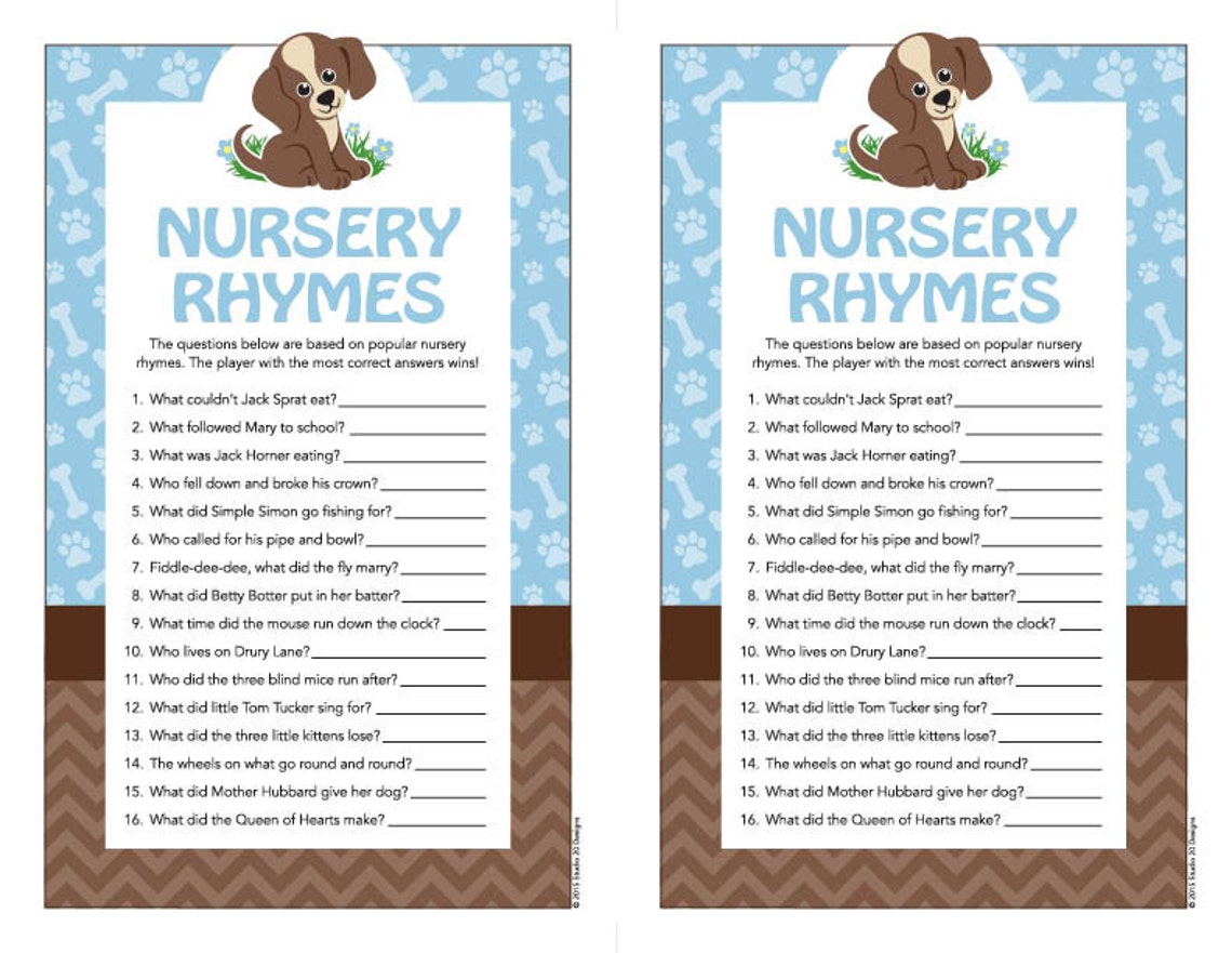 Instant Download Puppy Nursery Rhyme Quiz Blue Brown Puppy | Etsy