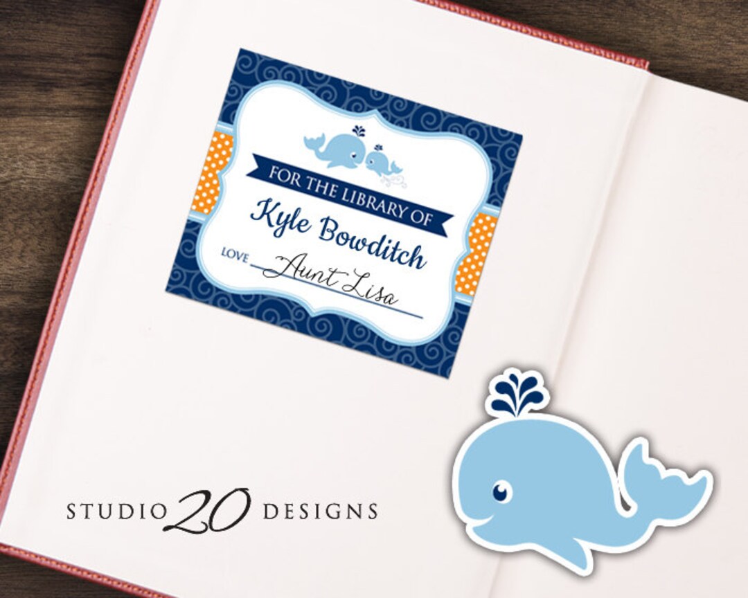 Instant Download Whale Bookplate, Navy Orange Whale Book Label, Blue ...