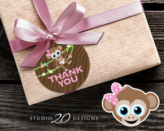 Instant Download Monkey Thank You Tags Pink and Brown Girl | Etsy