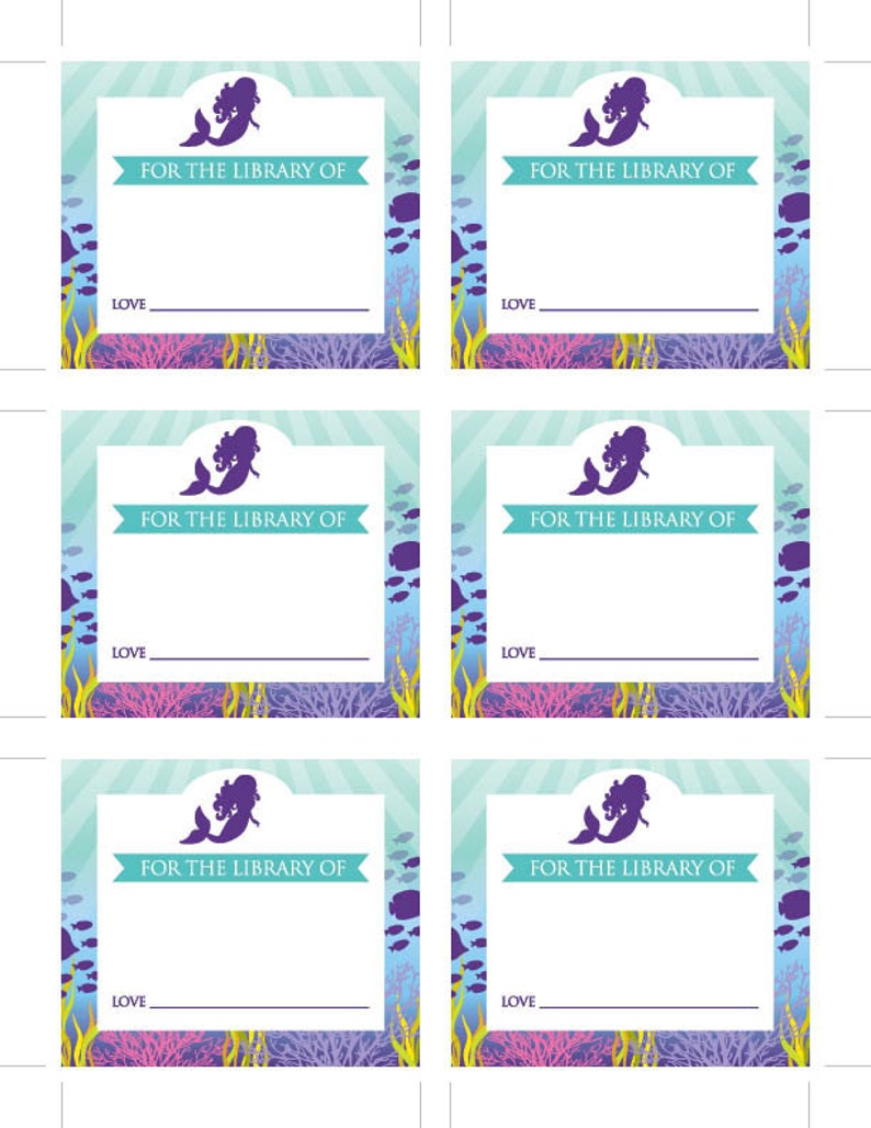 Instant Download Little Mermaid Bookplate Teal Purple Mermaid | Etsy