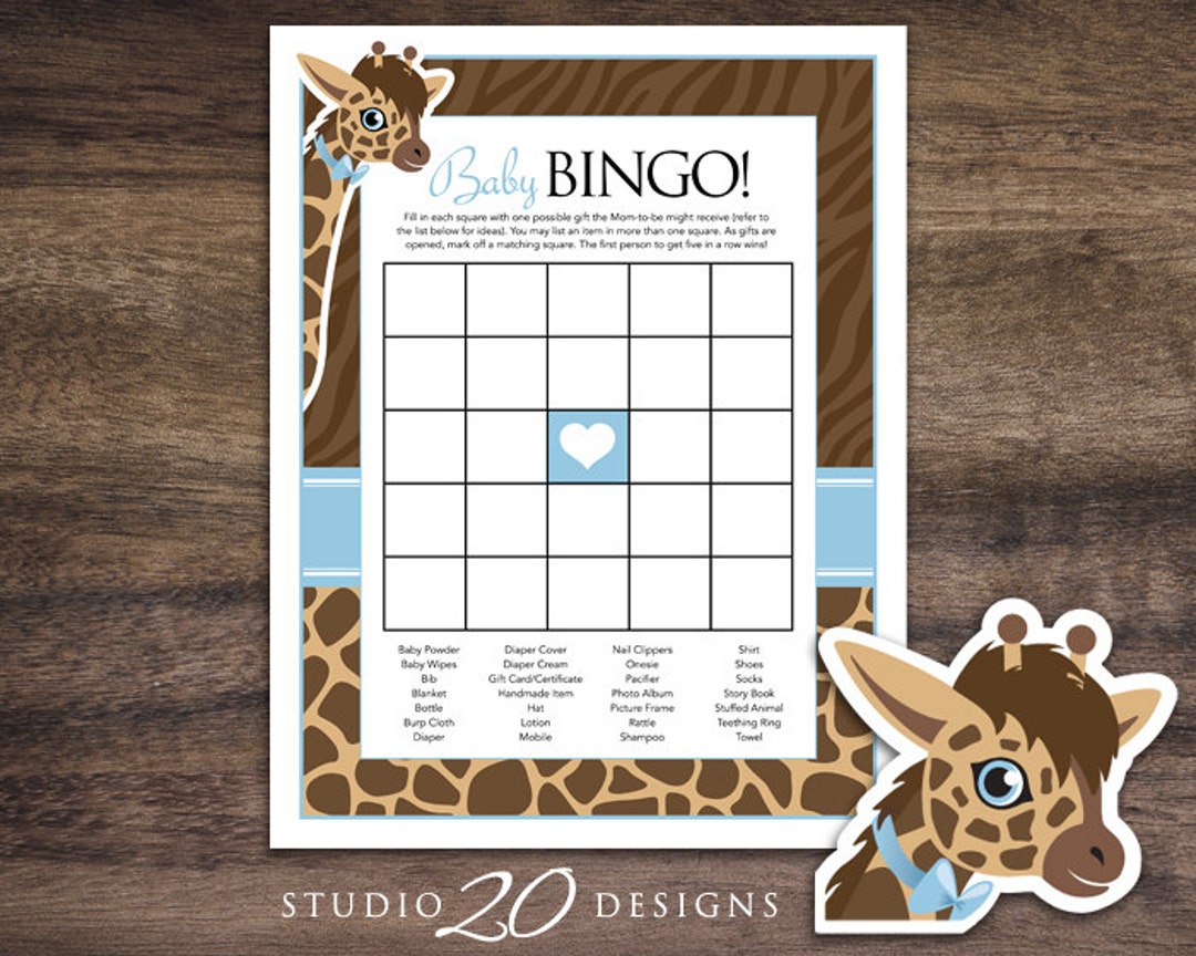 Instant Download Blue Giraffe Baby Shower Bingo Game, Brown Blue ...