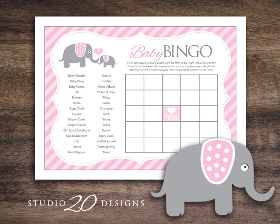 Instant Download Pink Elephant Baby Shower Bingo Cards for Girl ...