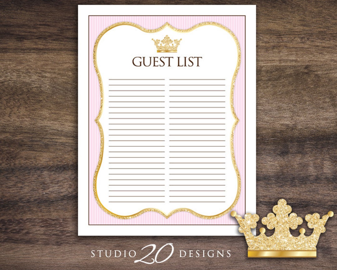 Instant Download Pink Princess Guest List, Printable Glitter Pink Gold ...