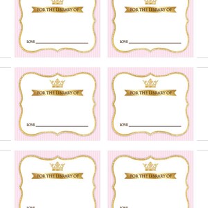 Instant Download Pink Princess Bookplate, Pink Gold Crown Book Label ...
