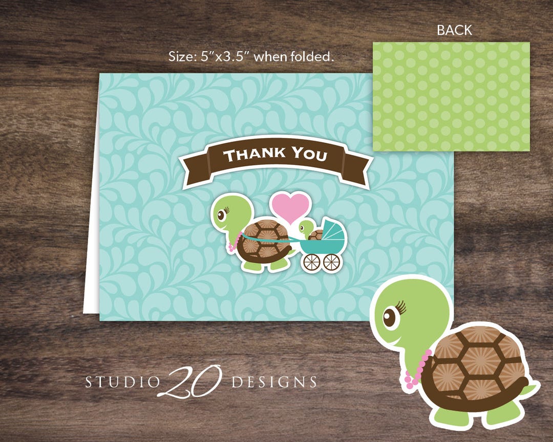 Instant Download Turtle Thank You Card, Folded Aqua Green Turtle Baby ...