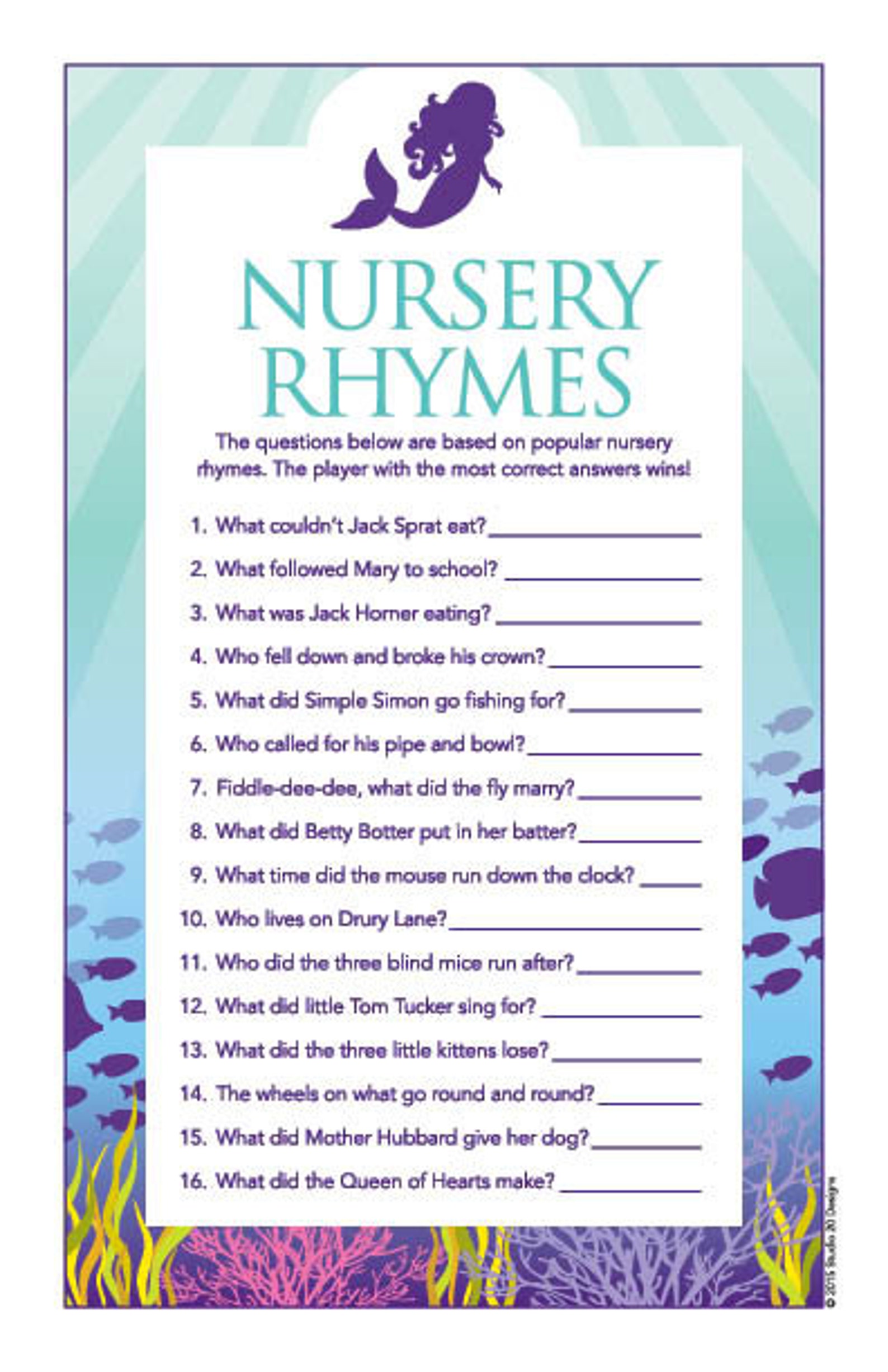 Instant Download Little Mermaid Nursery Rhyme Quiz Under the | Etsy
