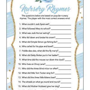 Instant Download Floral Watercolor Nursery Rhyme Quiz, Baby Blue Gold ...