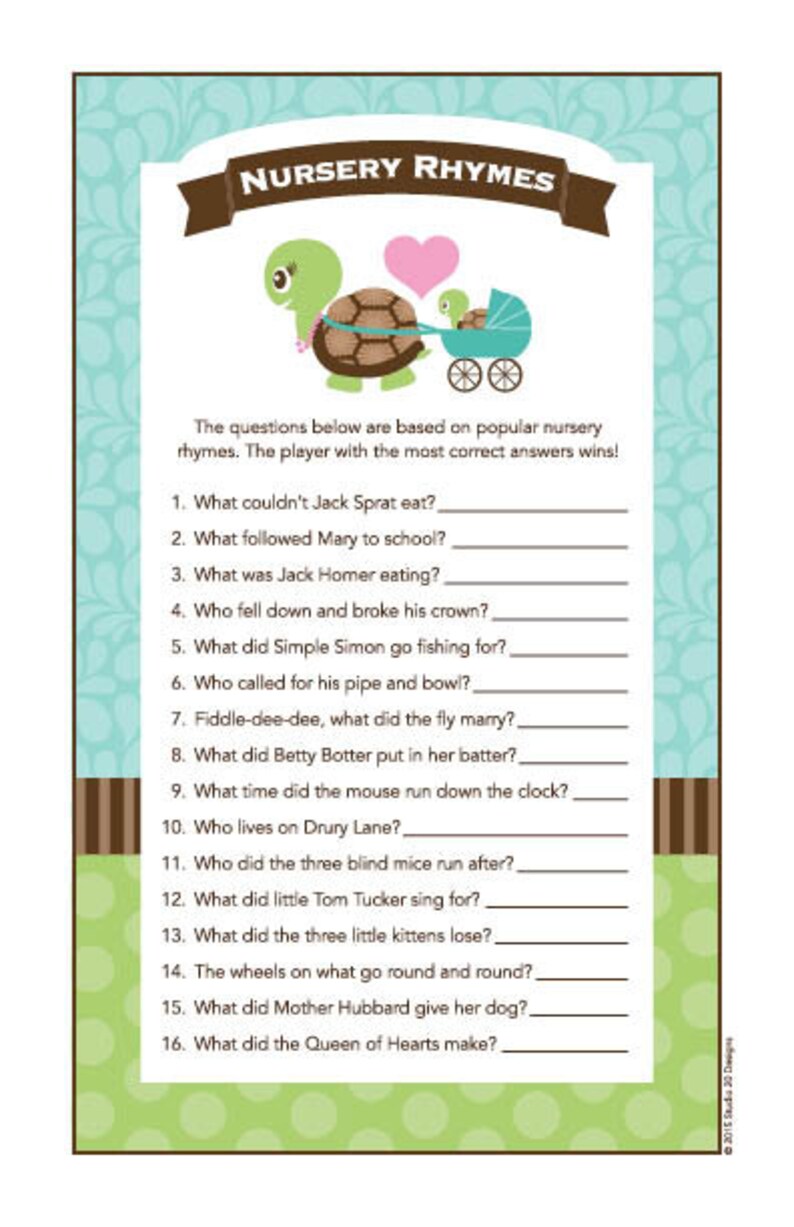Instant Download Turtle Nursery Rhyme Quiz Printable Turtle - Etsy