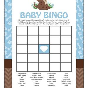 Instant Download Puppy Baby Shower Bingo Cards, Printable Blue Brown ...