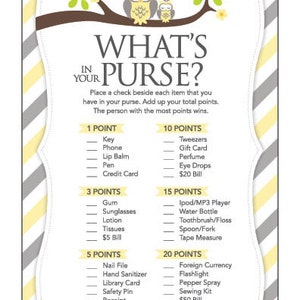 Instant Download Yellow Owl What's in Your Purse Baby Shower Game ...