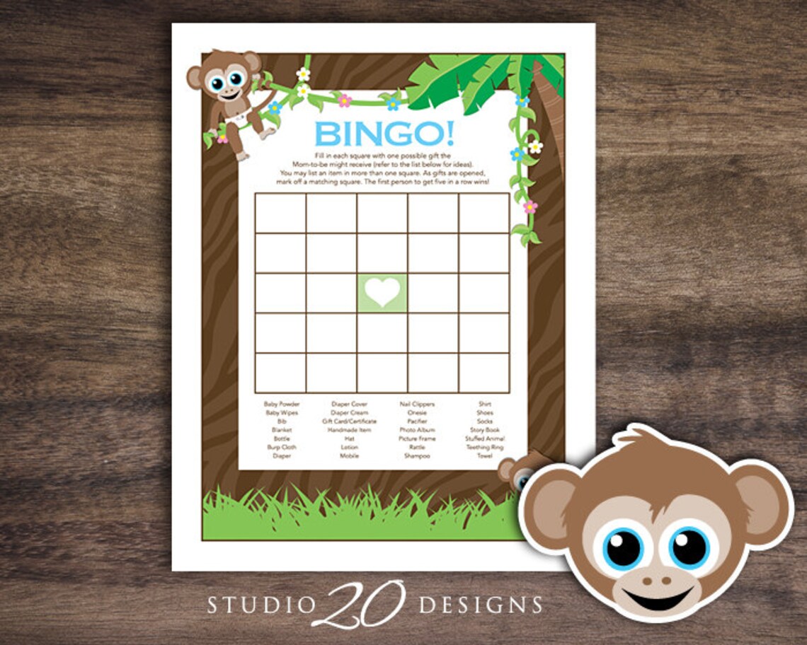 Instant Download Monkey Bingo Game Printable Blue Monkey Baby | Etsy