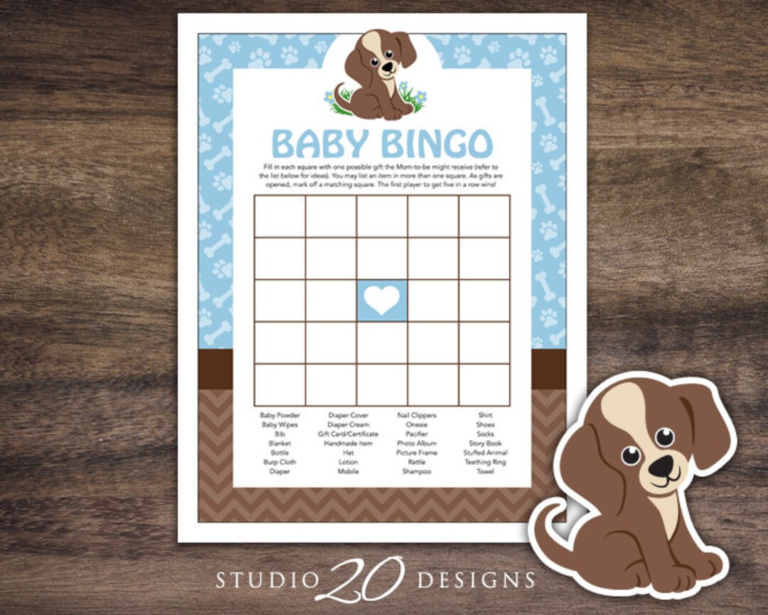 Instant Download Puppy Baby Shower Bingo Cards, Printable Blue Brown ...
