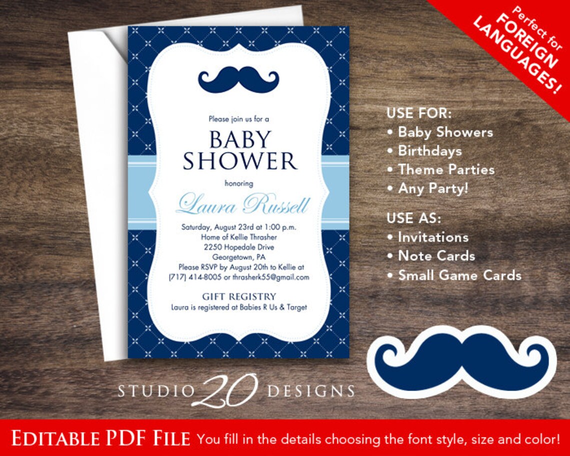 Instant Download Mustache Baby Shower Invitations Editable - Etsy