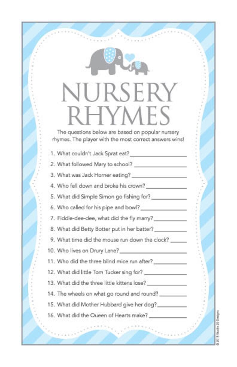 Instant Download Blue Elephant Nursery Rhyme Quiz Blue Grey | Etsy