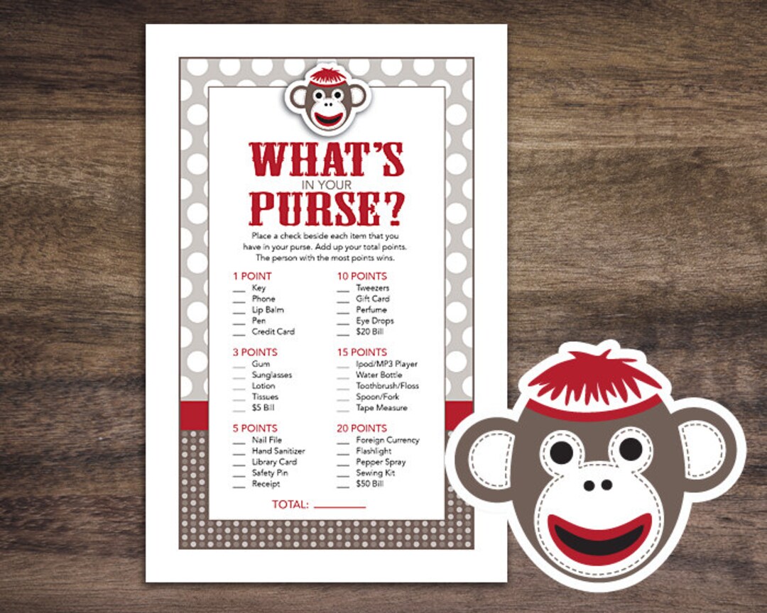 Instant Download Sock Monkey Theme Baby Shower What's in Your Purse ...