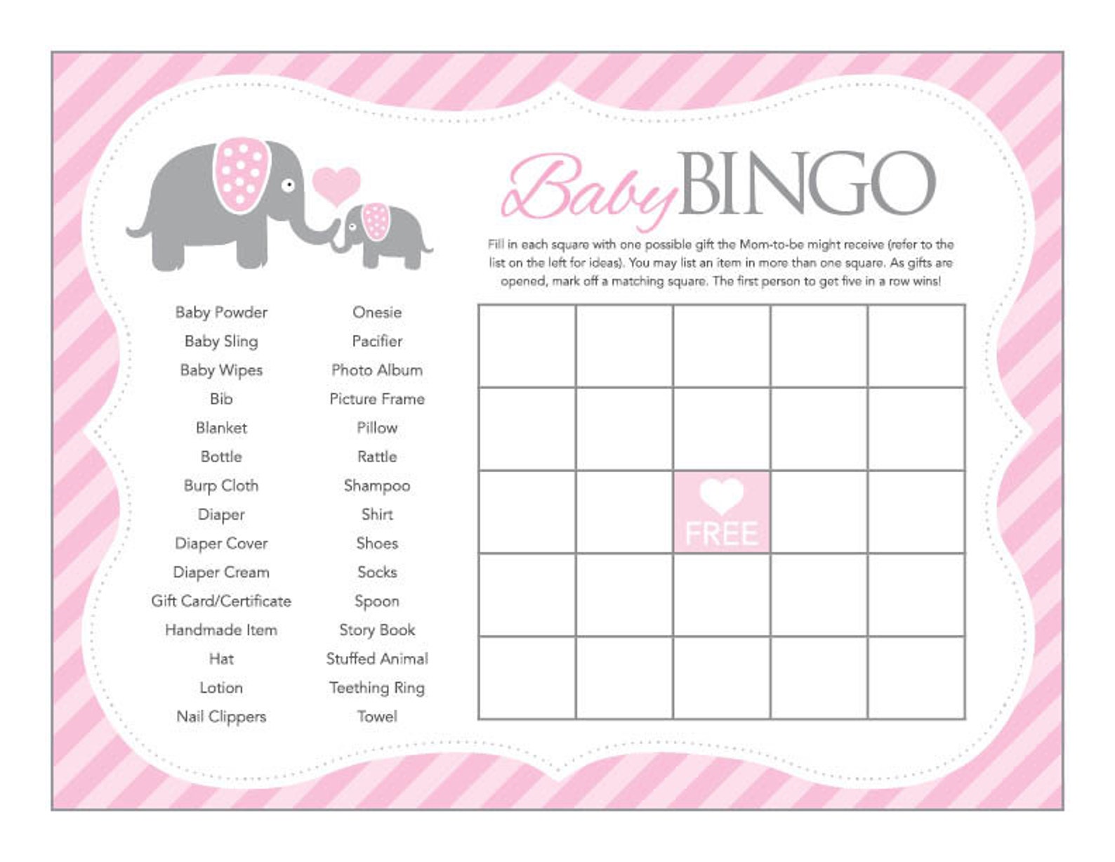 Instant Download Pink Elephant Baby Shower Bingo Cards for Girl ...