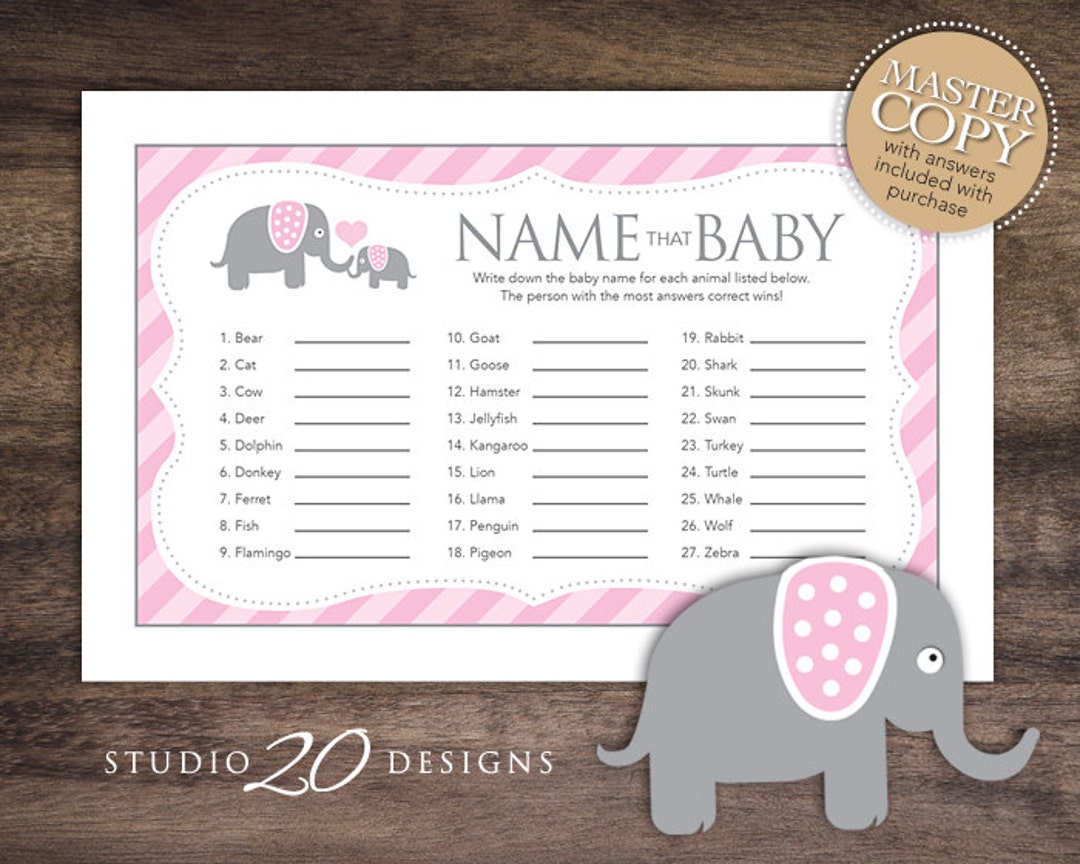 Instant Download Pink Elephant Baby Shower Games for Girl, Name That ...