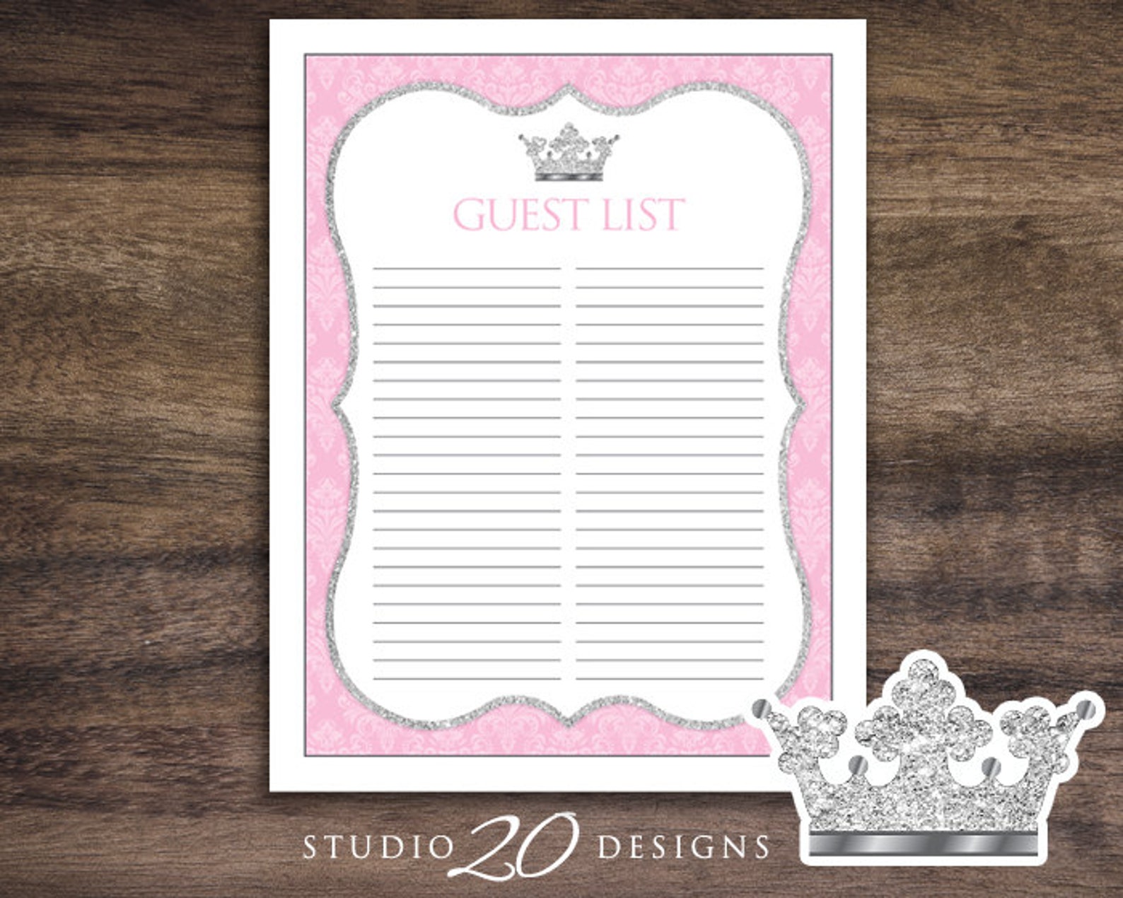 Instant Download Pink Princess Guest List Printable Pink | Etsy