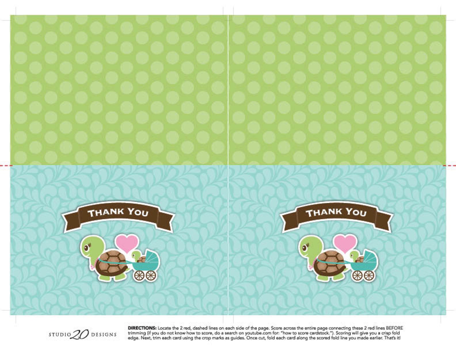 Instant Download Turtle Thank You Card Folded Aqua Green | Etsy