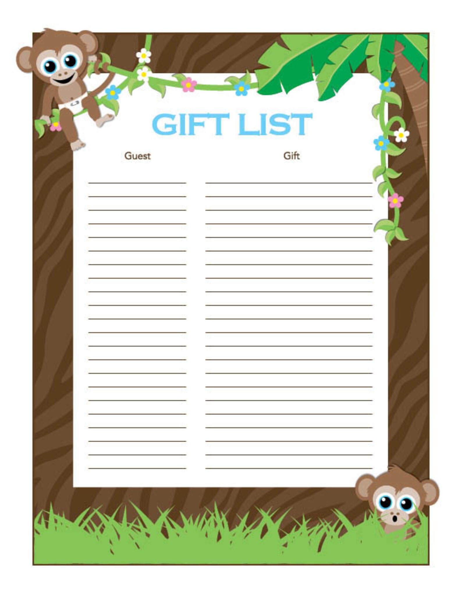 Instant Download Monkey Gift List Printable Monkey Baby | Etsy