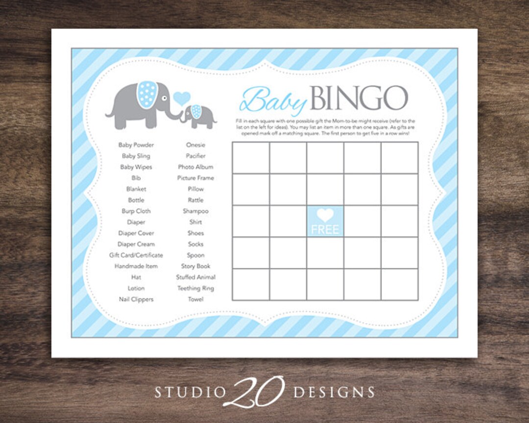 Instant Download Blue Elephant Baby Shower Games, Printable Bingo Cards ...