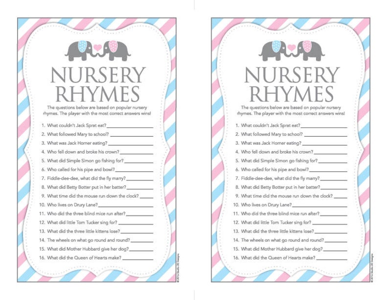 Instant Download Gender Reveal Elephant Nursery Rhyme Quiz - Etsy