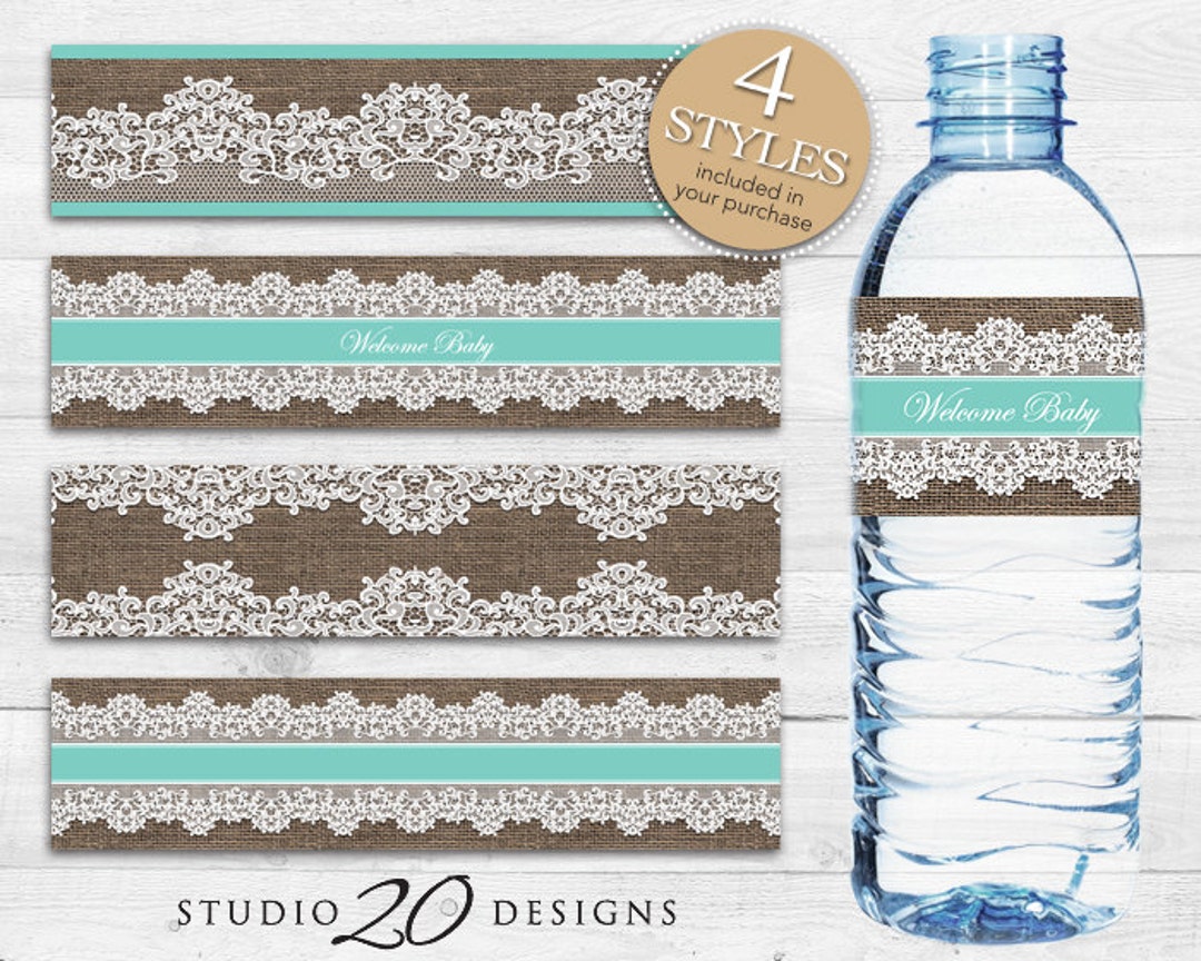 Instant Download Burlap and Lace Water Bottle Labels, Aqua Burlap Lace ...