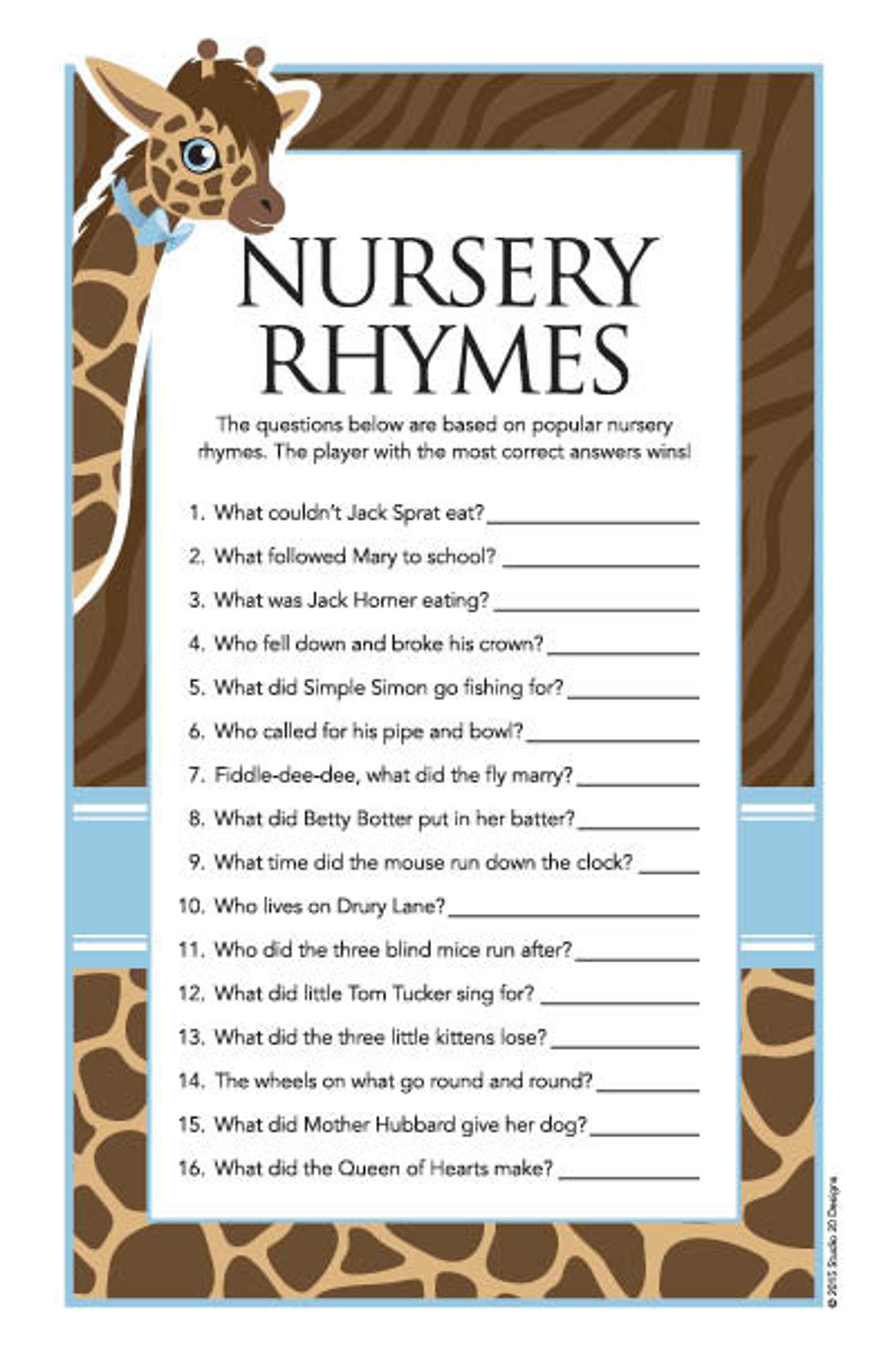 Instant Download Blue Giraffe Nursery Rhyme Quiz Brown Blue | Etsy