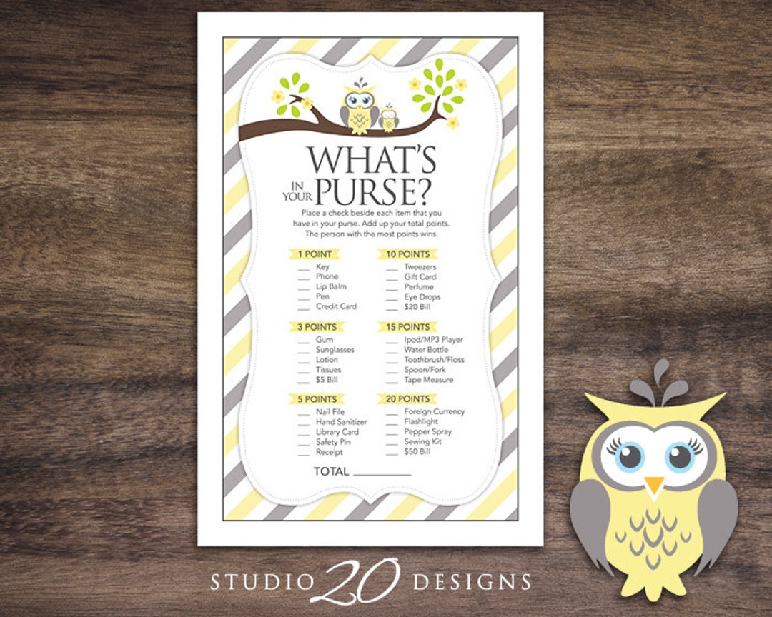 Instant Download Yellow Owl What's in Your Purse Baby Shower Game ...