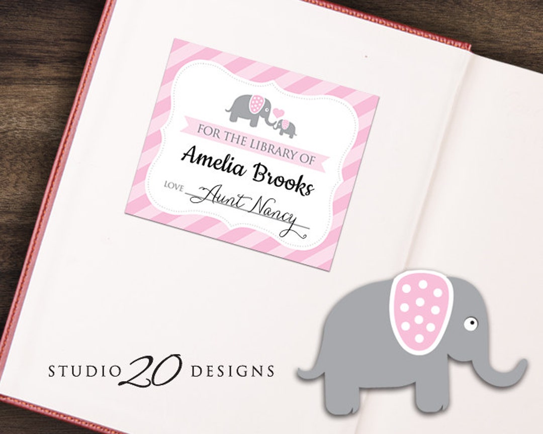 Instant Download Pink Elephant Bookplate, Grey Pink Elephant Book Label ...