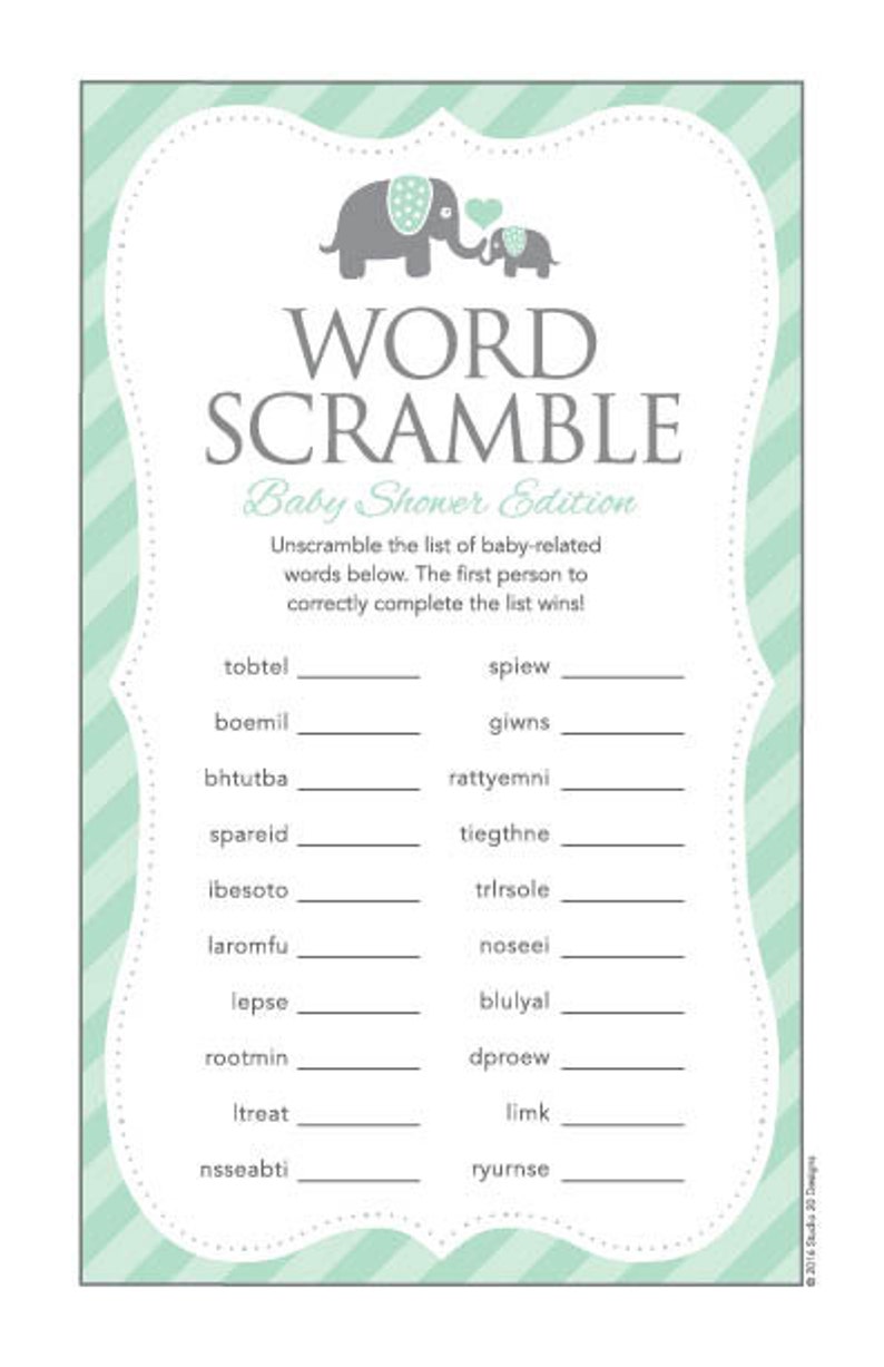 Instant Download Mint Elephant Word Scramble Baby Shower Game - Etsy